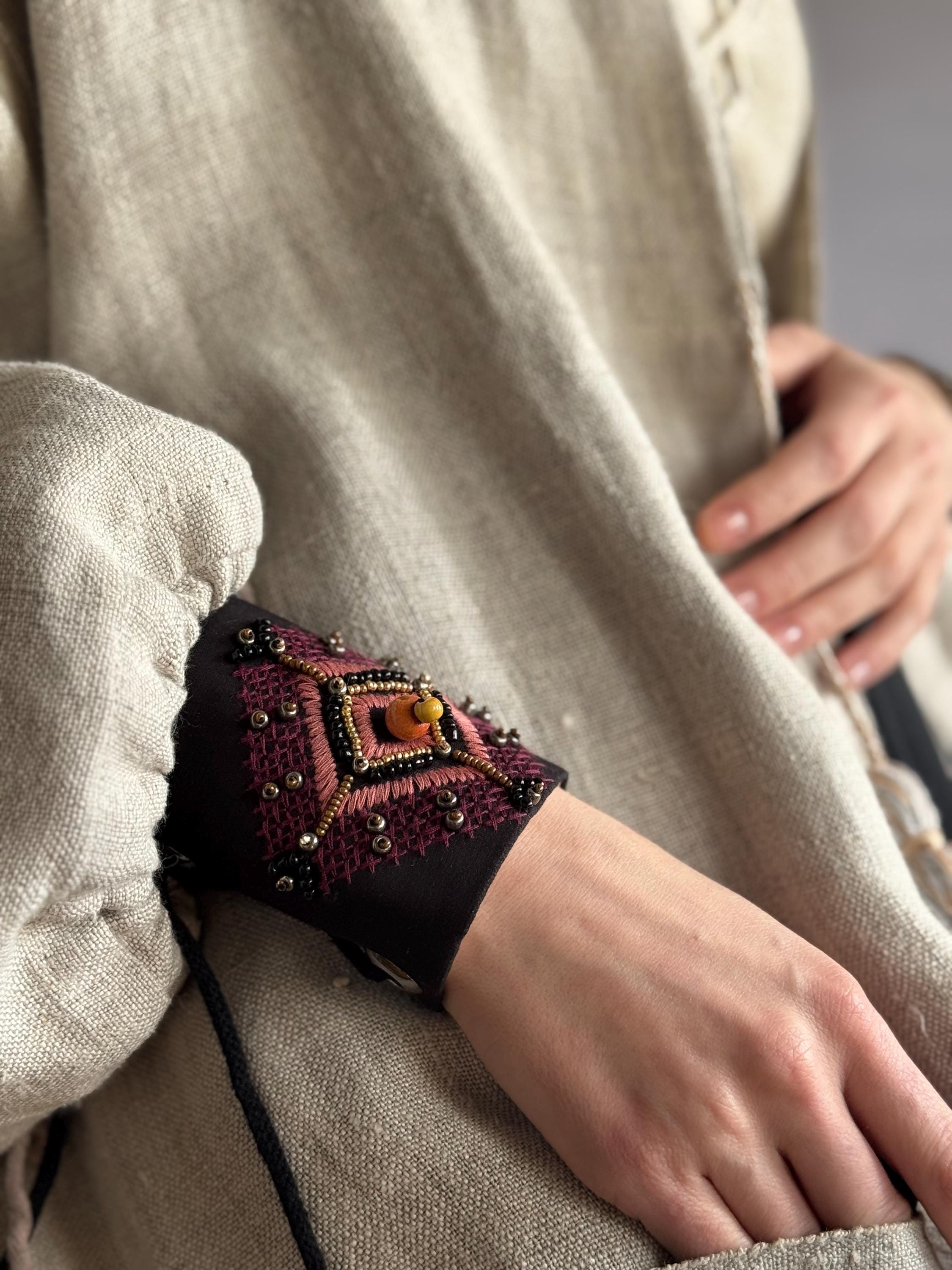 A Pair of Embroidered Detachable Cuffs, Black Linen Cuffs, Cotton Wrist ...