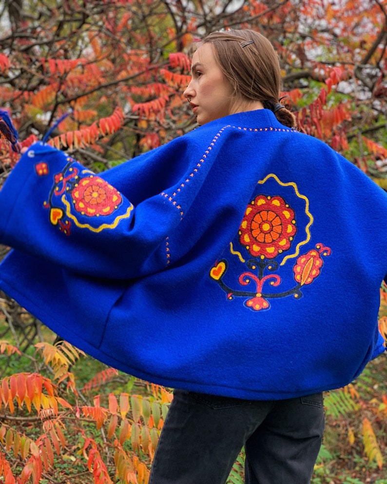 Blue Wool Cape With Long Sleeves With Exclusive Handmade Paintings and ...