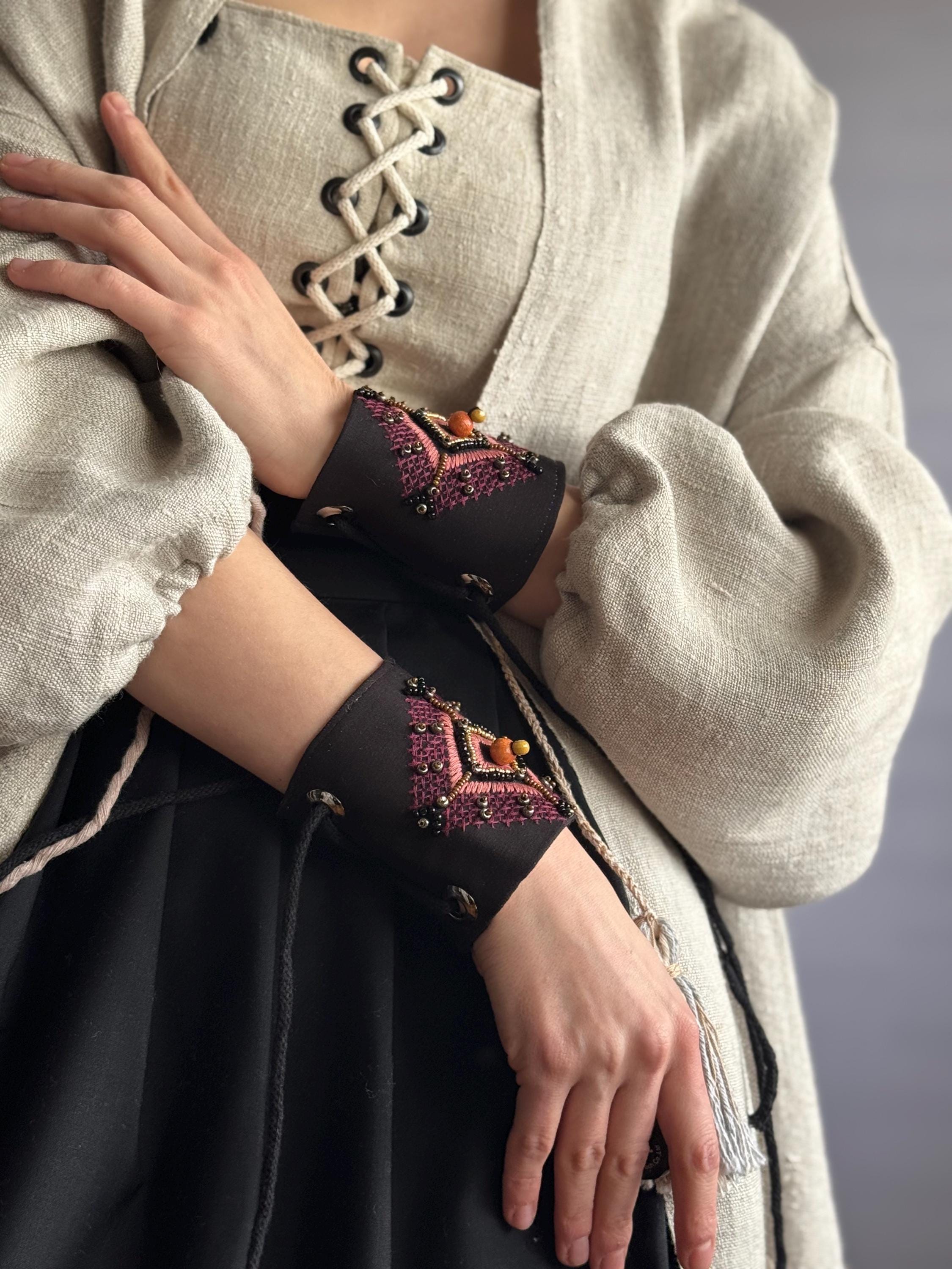 A Pair of Embroidered Detachable Cuffs, Black Linen Cuffs, Cotton Wrist ...