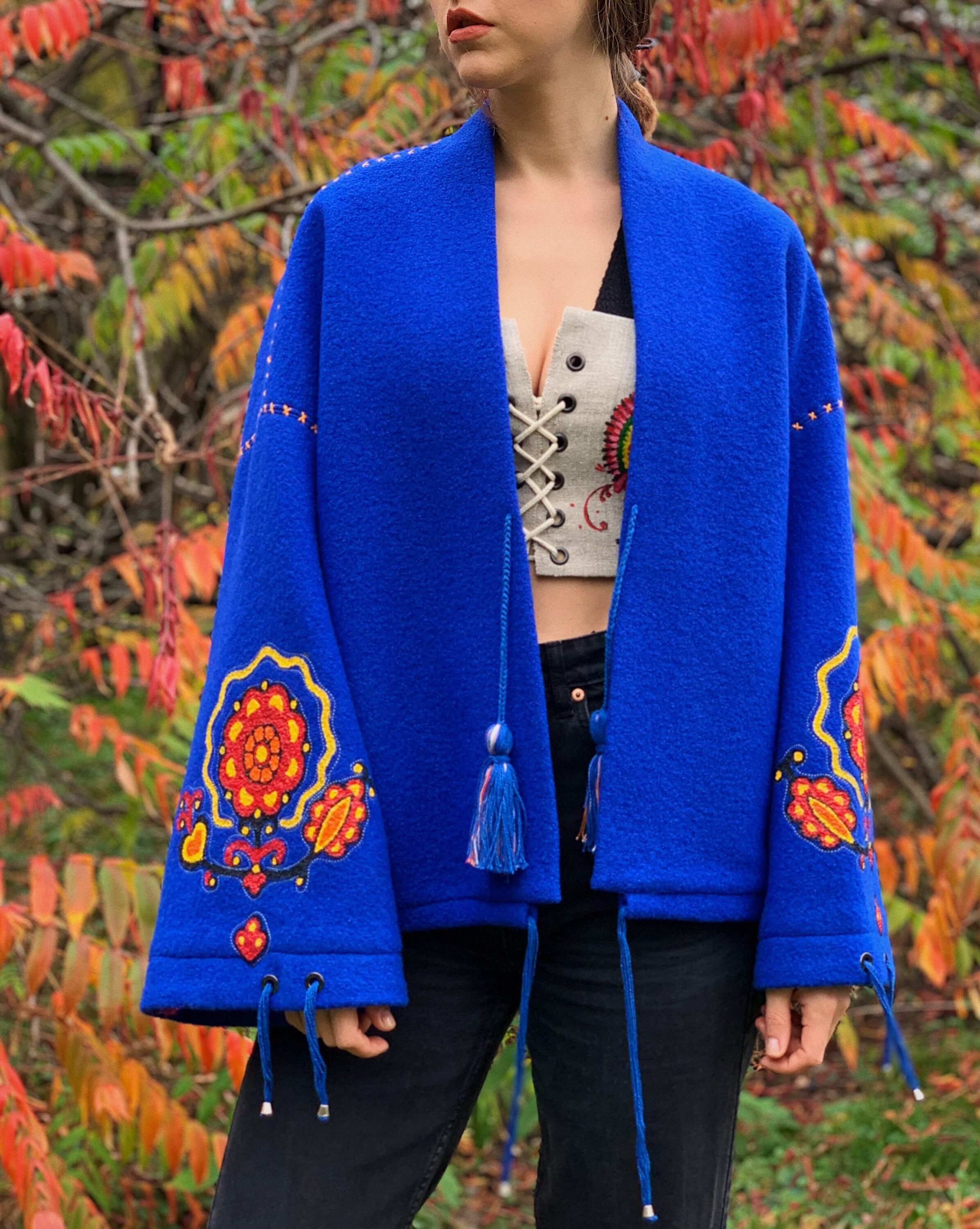 Blue Wool Cape With Long Sleeves With Exclusive Handmade Paintings and ...