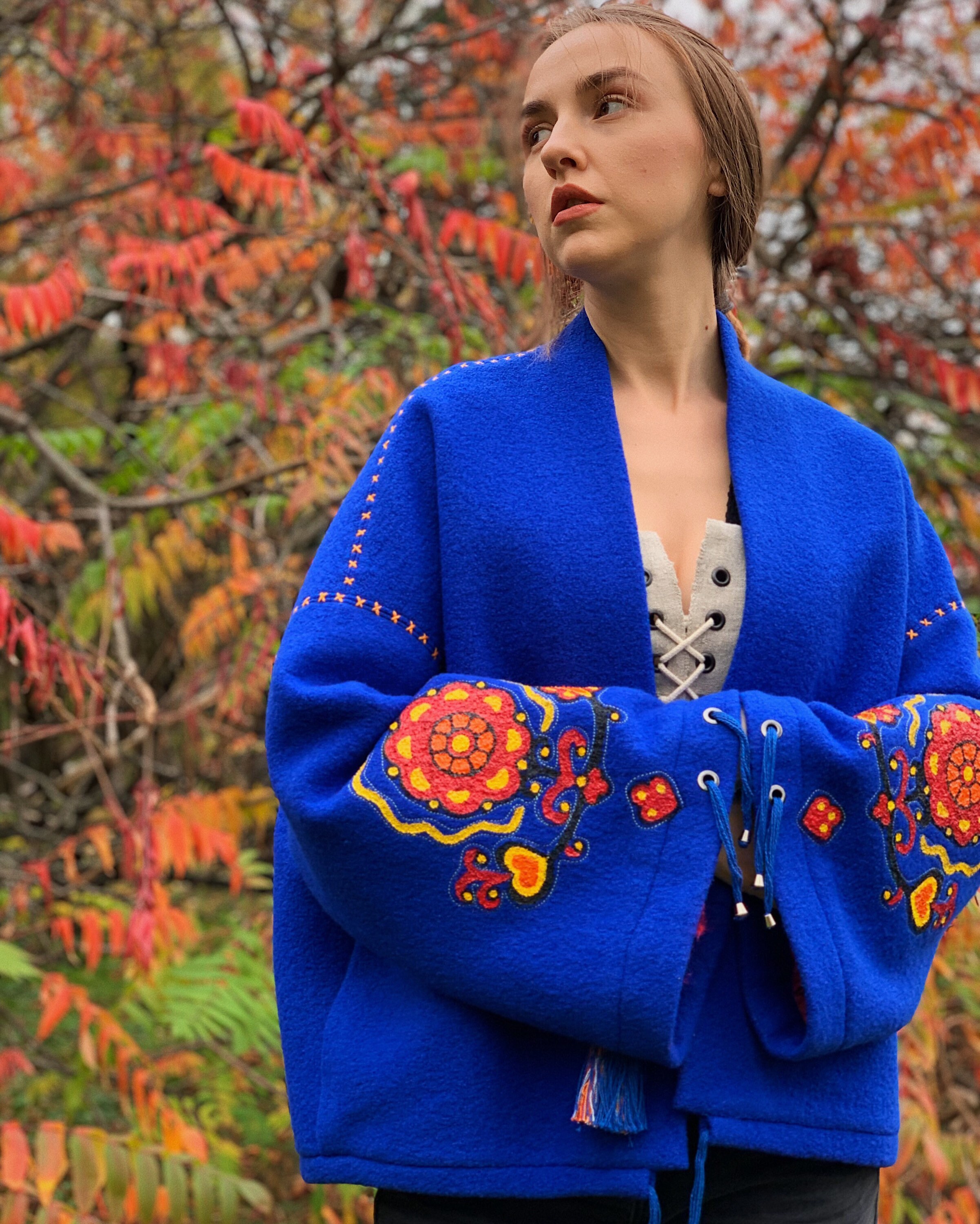 Blue Wool Cape With Long Sleeves With Exclusive Handmade Paintings and ...