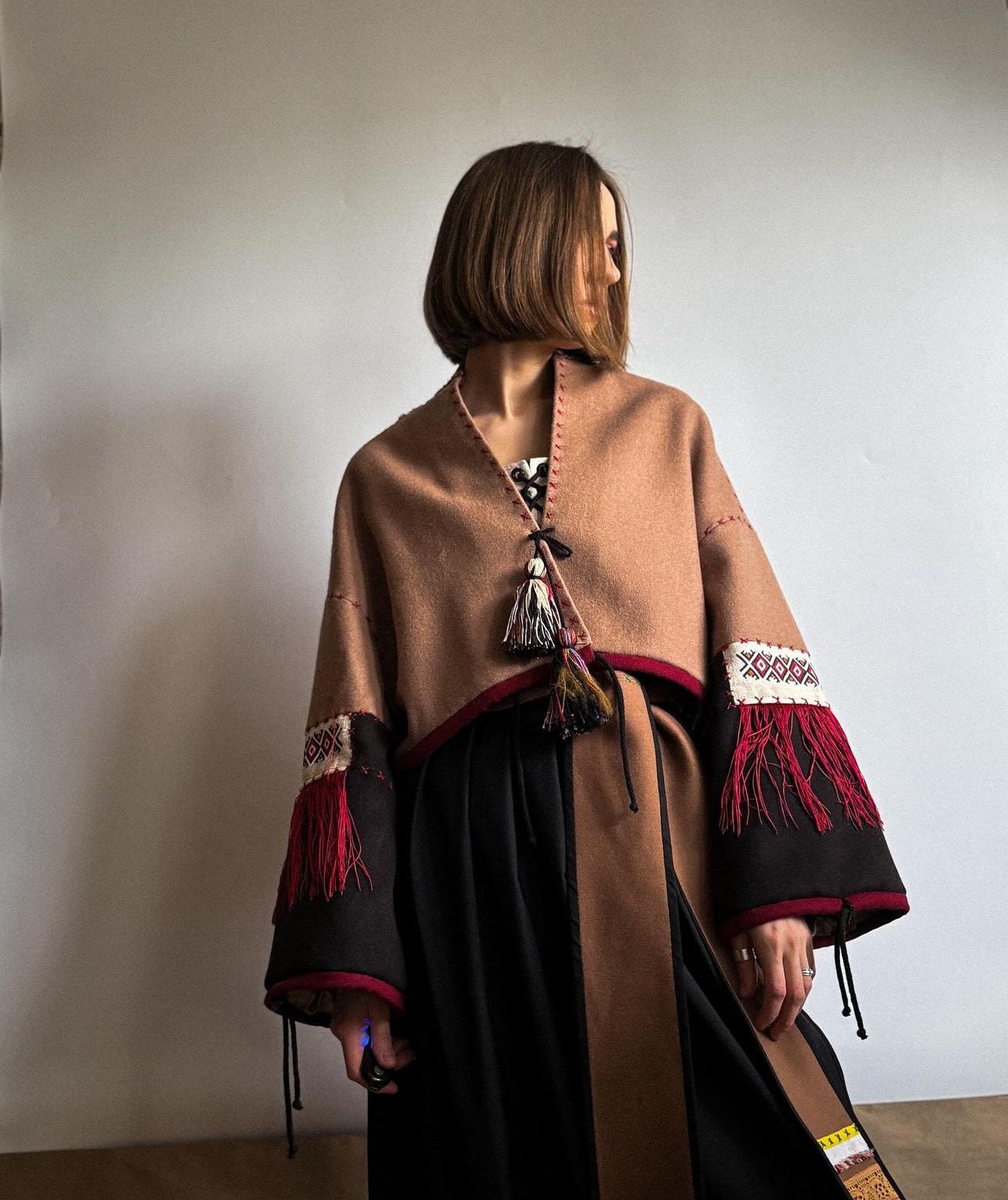 Brown Autumn/spring Cape With Handmade Embroidery - Etsy