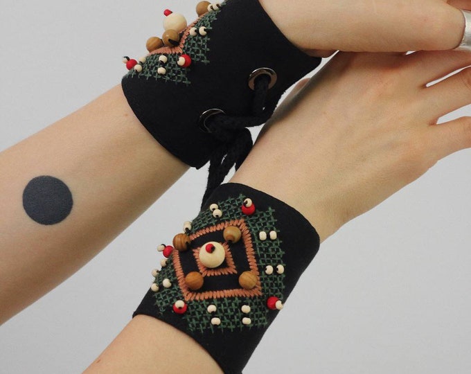 A Pair of Embroidered Detachable Cuffs, Black Linen Cuffs, Cotton Wrist ...
