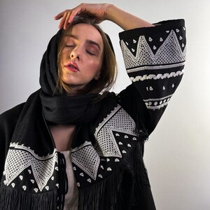 Wool Skarf Hood With Embroidery Details and Fringe - Etsy
