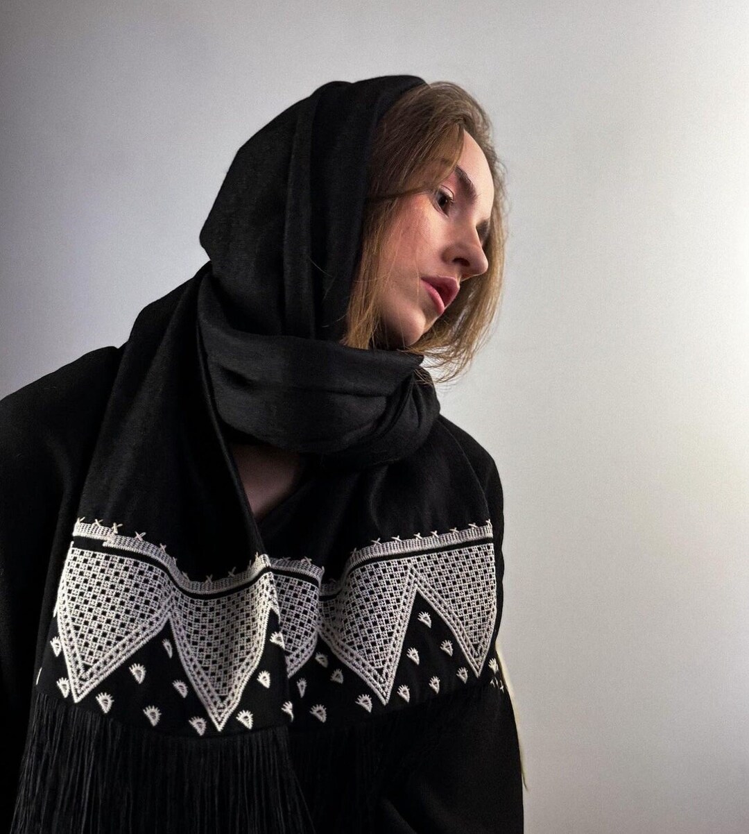 Wool Skarf Hood With Embroidery Details and Fringe - Etsy