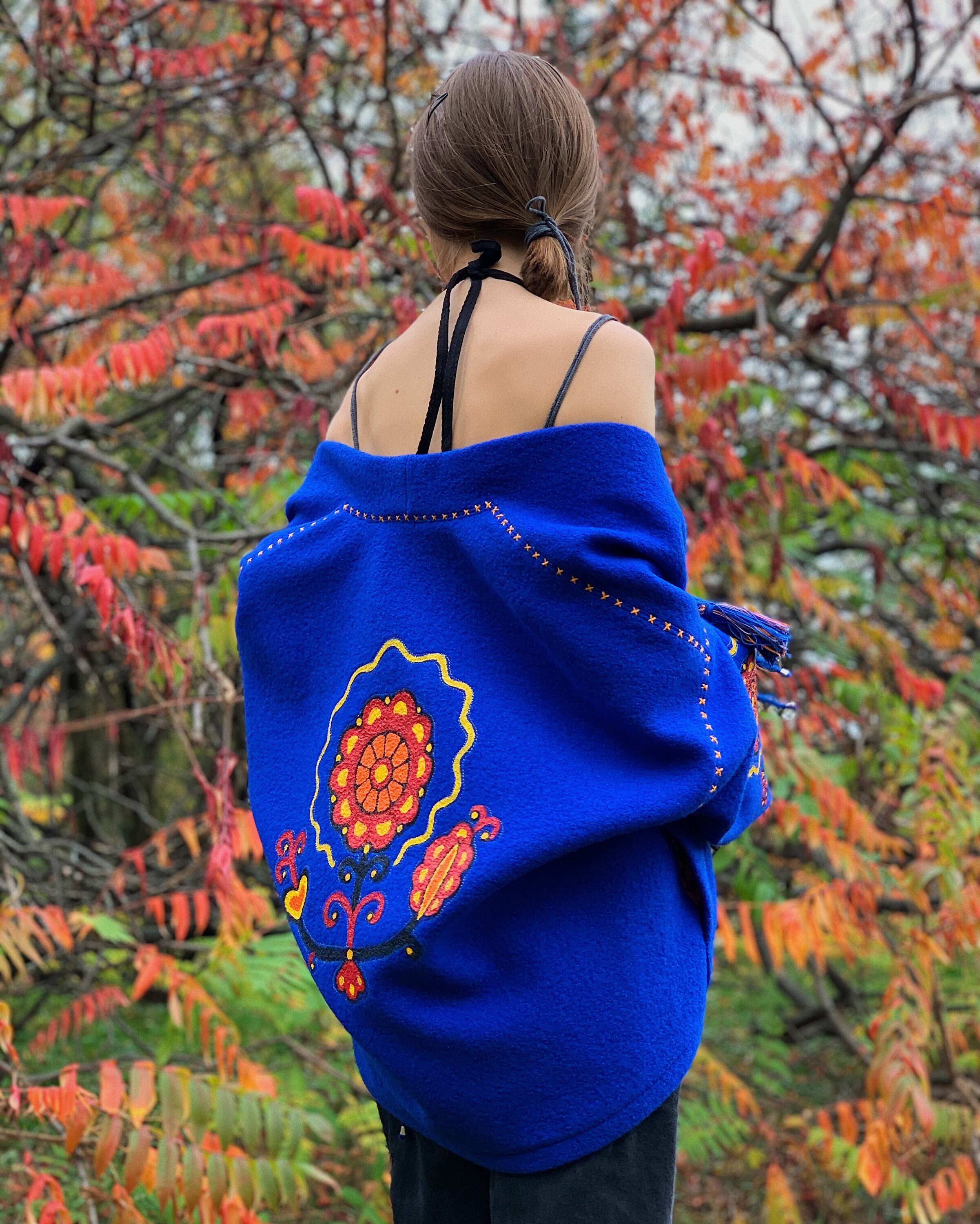Blue Wool Cape With Long Sleeves With Exclusive Handmade Paintings and ...