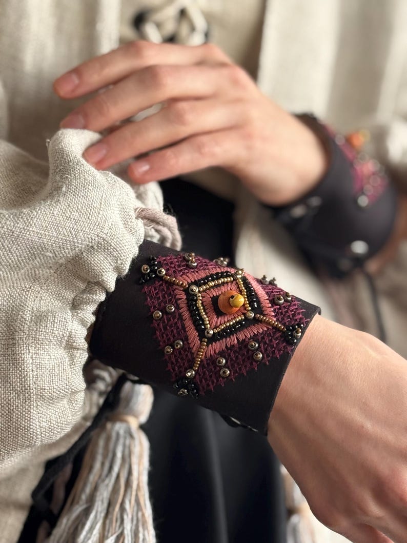 A Pair of Embroidered Detachable Cuffs, Black Linen Cuffs, Cotton Wrist ...