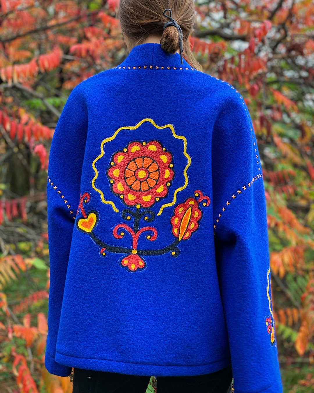 Blue Wool Cape With Long Sleeves With Exclusive Handmade Paintings and ...