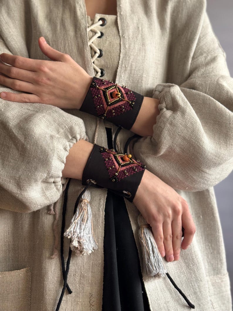 A Pair of Embroidered Detachable Cuffs, Black Linen Cuffs, Cotton Wrist ...