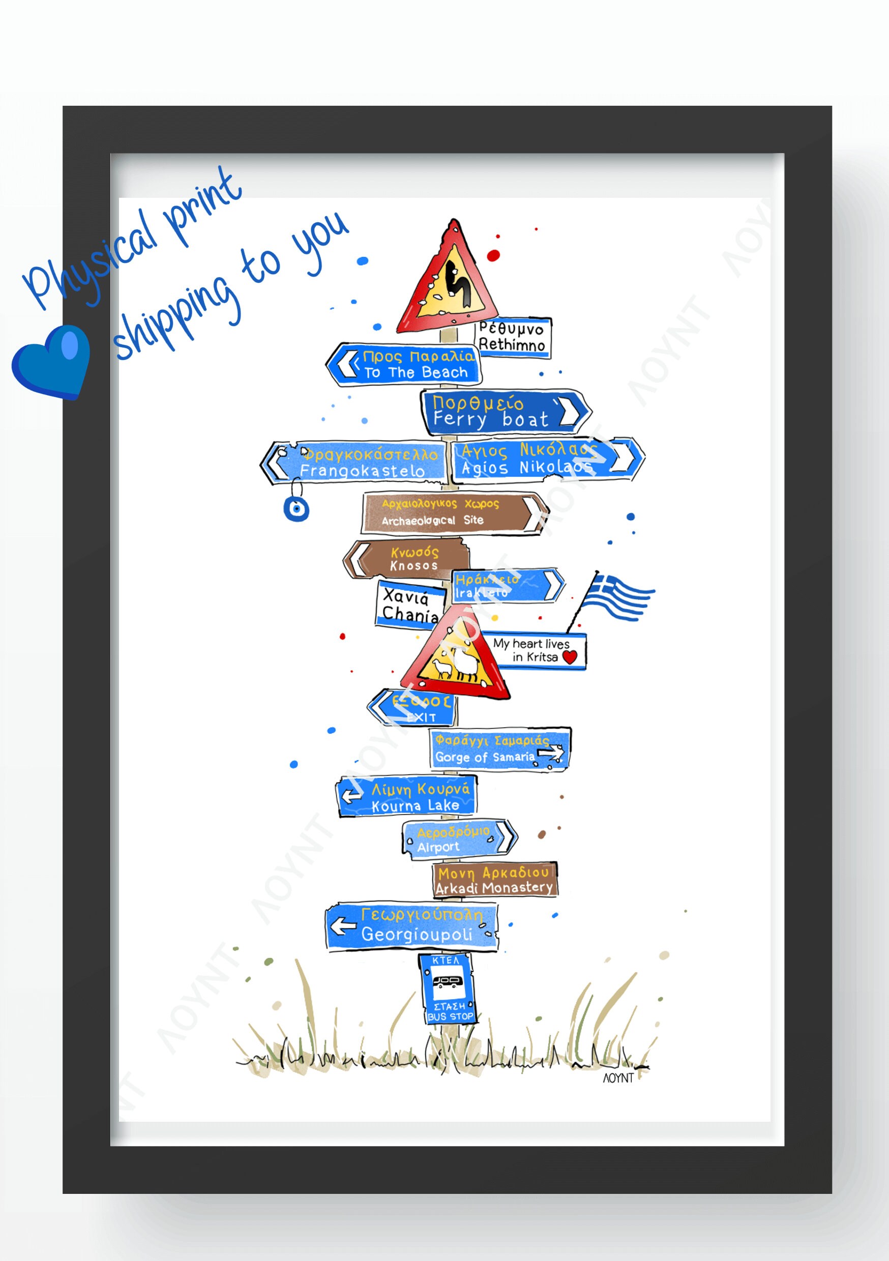 Greek Road Sign Blue Signs Art Print Chania Agios - Etsy UK