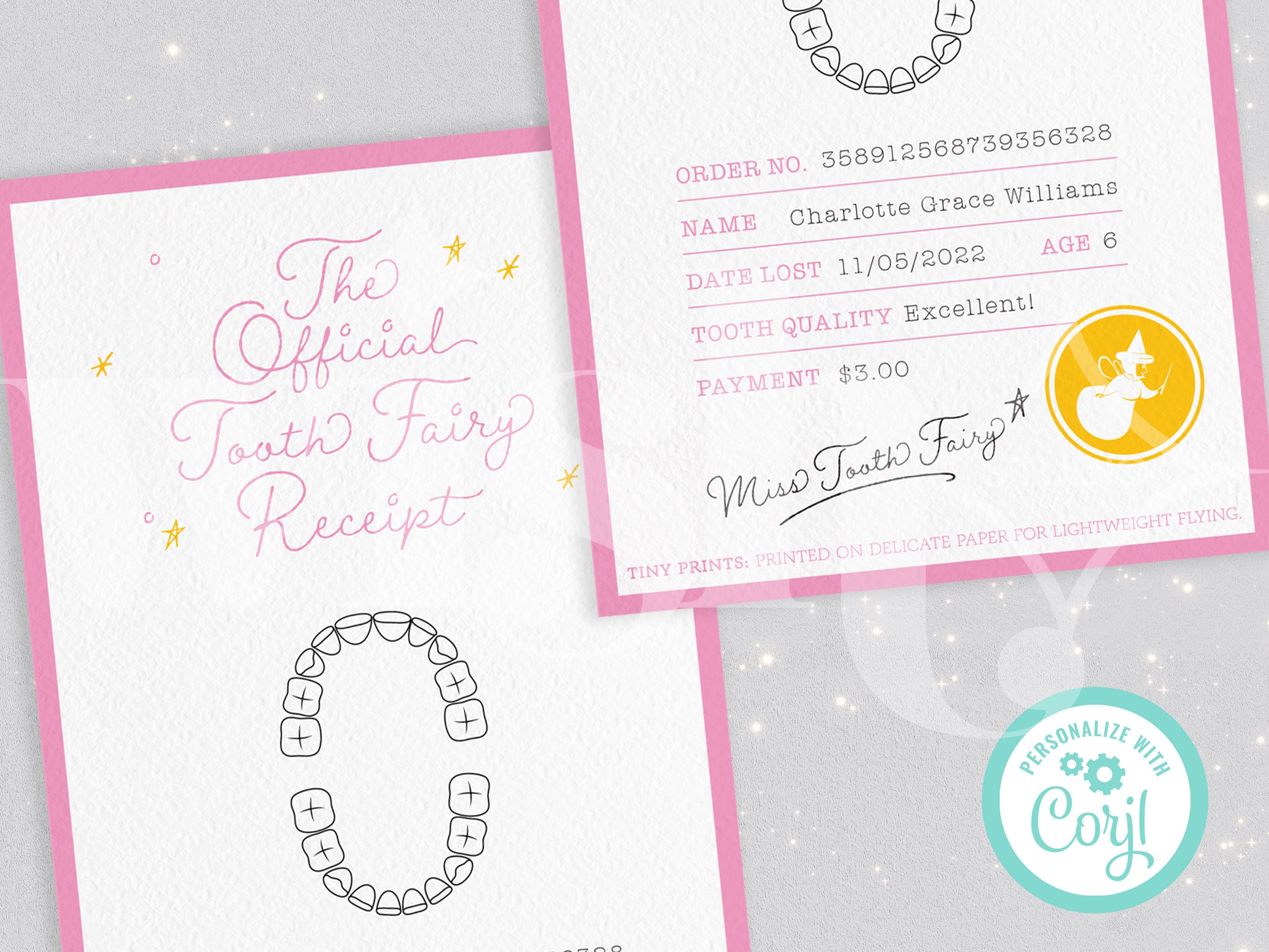 Printable Pink Tooth Fairy Receipt With Lost Tooth Chart - Etsy