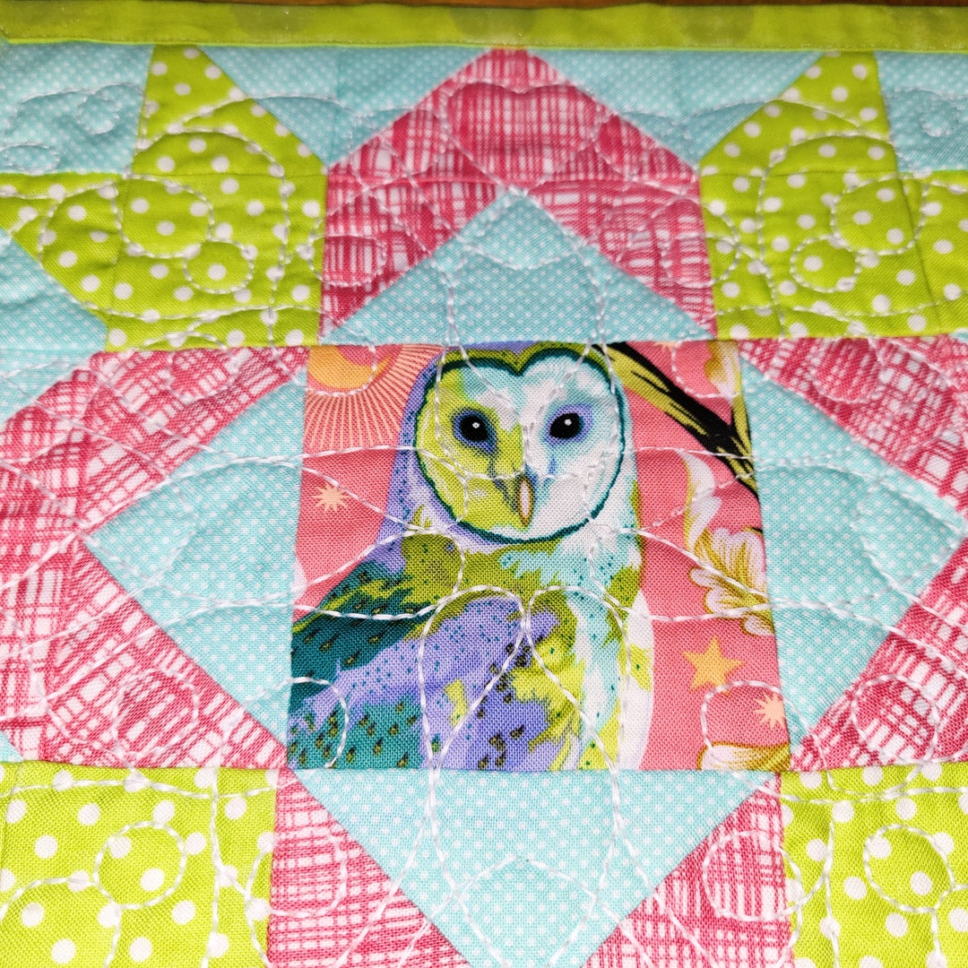 Owl Mug Rug Using Tula Pink Fabric Handmade Green Pink Blue Pieced ...
