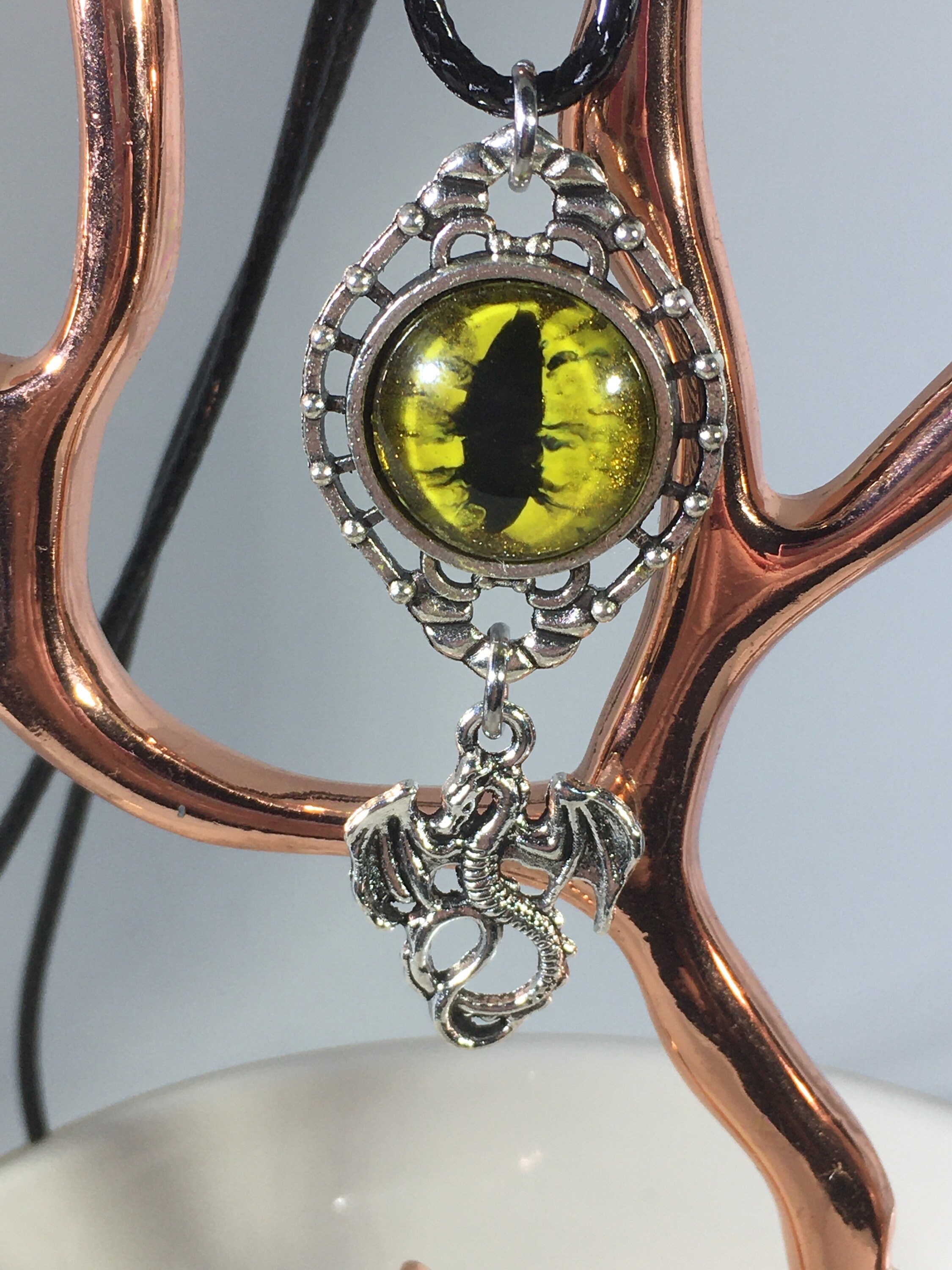 Handpainted yellow dragon eye silver pendant necklace with dragon charm ...