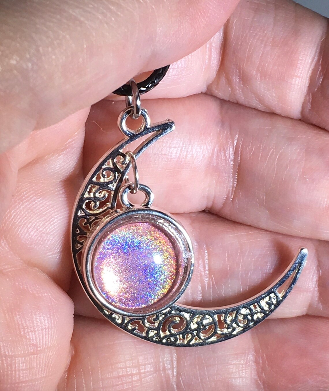 Crescent moon pendant with Handpainted cabochon silver | Etsy