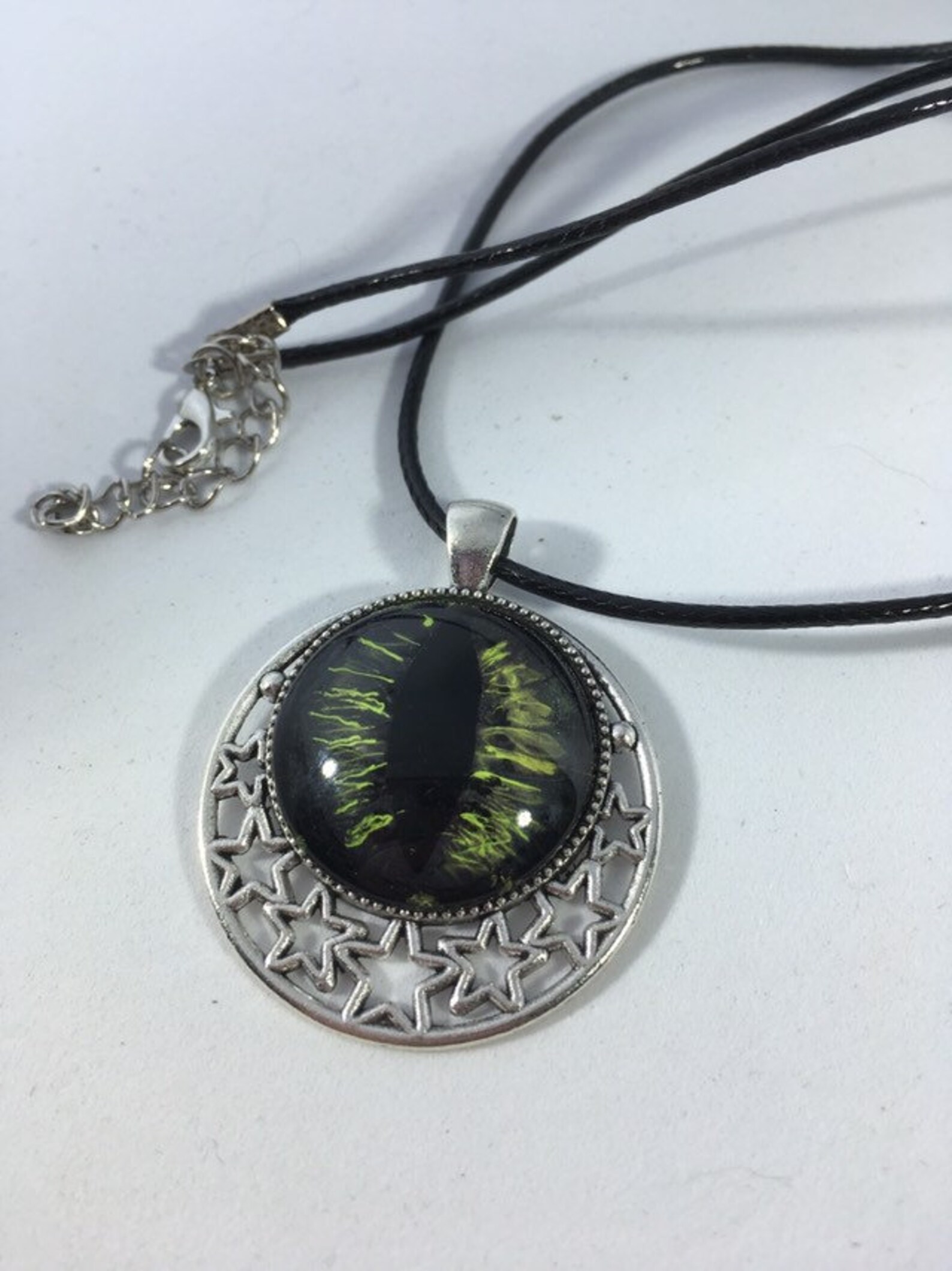 Hand Painted Dragon Eye Silver Crescent Necklace Glass Cabochon, Waxed ...