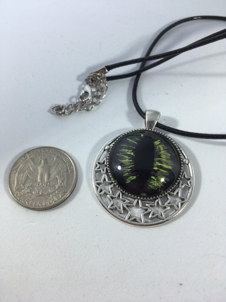 Hand Painted Dragon Eye Silver Crescent Necklace Glass Cabochon, Waxed ...