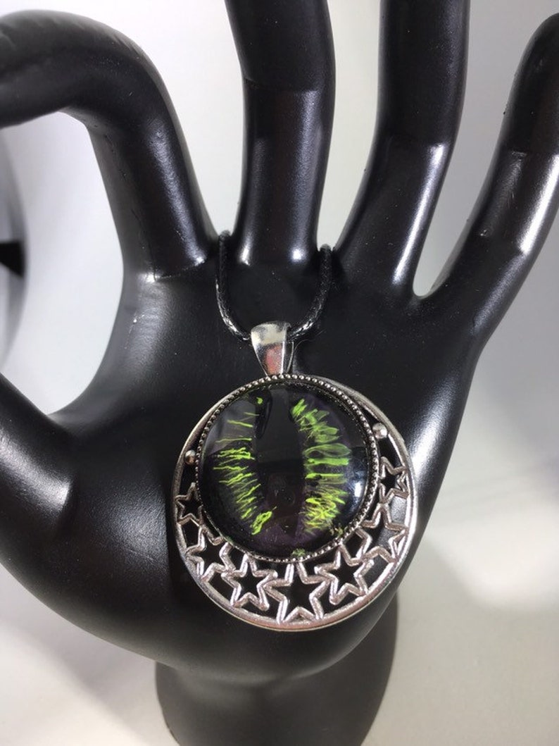 Hand Painted Dragon Eye Silver Crescent Necklace Glass Cabochon, Waxed ...