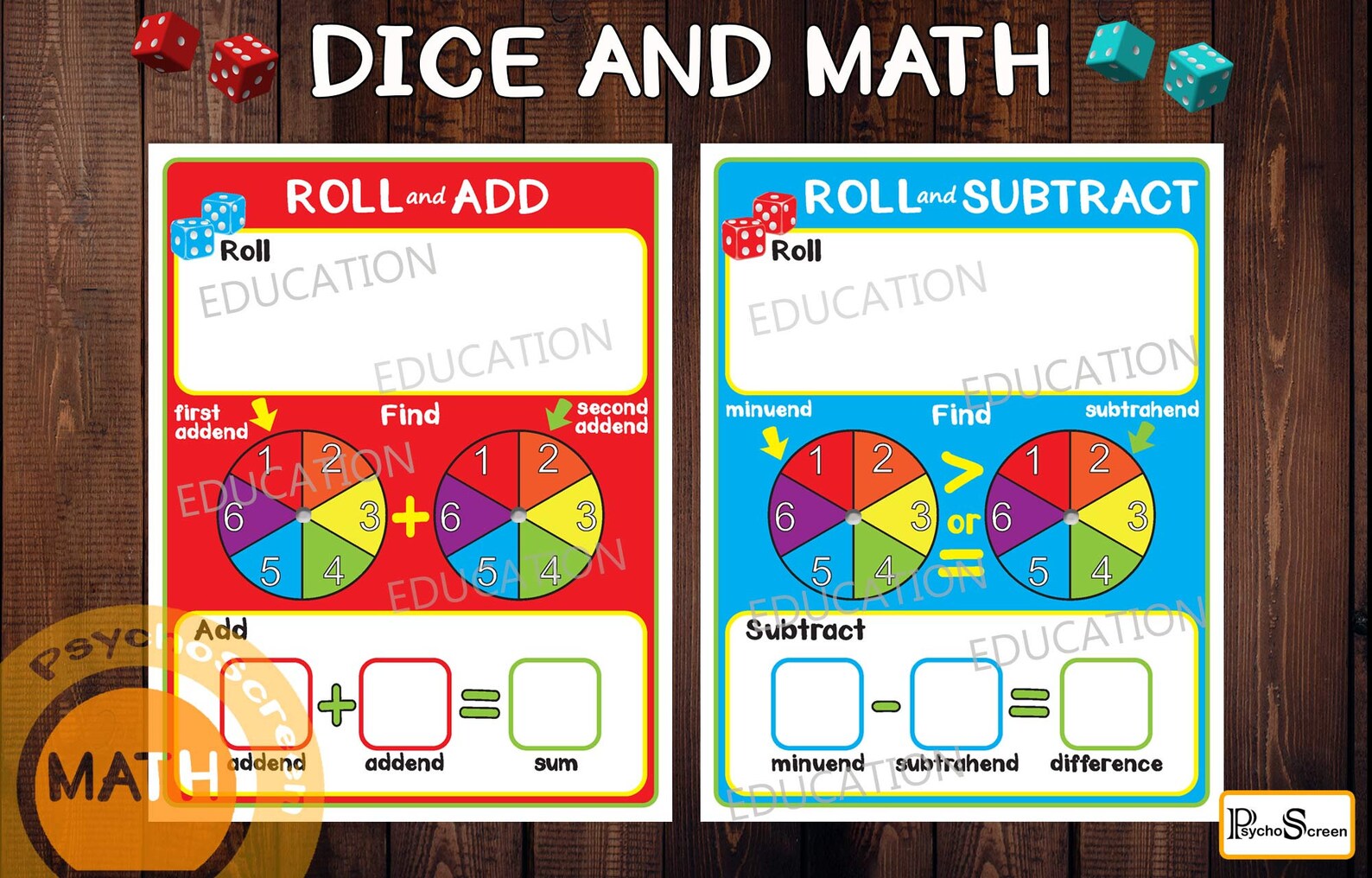 Math game with dice Roll and Add Roll and Subtract | Etsy