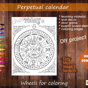 Perpetual Kids Calendar With Coloring Pages Days, Week, Months, and ...