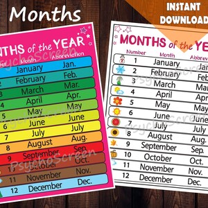 PINK Months of the Year Poster and Worksheet Perpetual Kids Calendar ...
