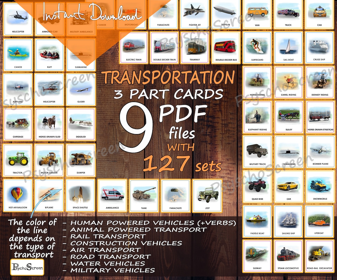 VEHICLE BUNDLE of Montessori 3-part Cards: Road, Rail, Construction ...