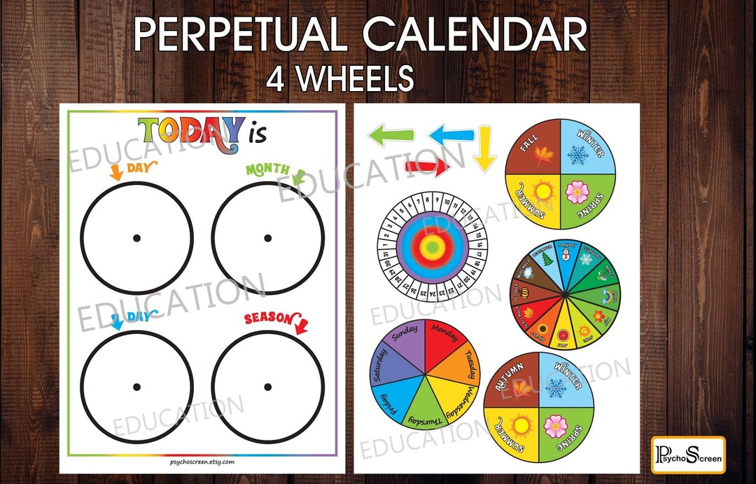 PERPETUAL CALENDAR With 4 Wheels: Today Is, Rainbow Preschool Activity ...