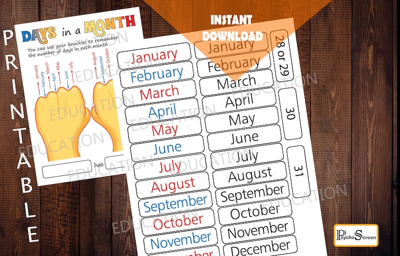 Knuckles as Calendar DAYS of the MONTH Preschool and - Etsy Australia