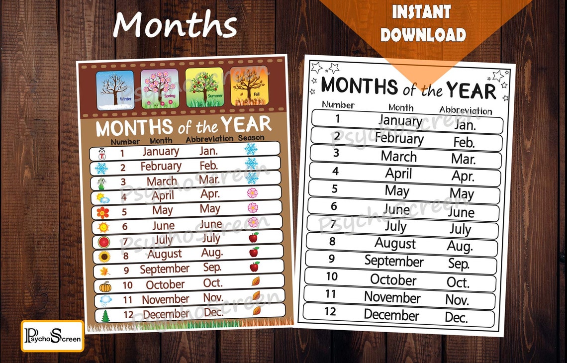 BROWN Months of the Year Posters and Worksheets Perpetual - Etsy