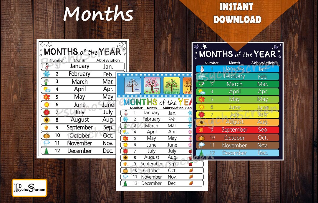 Months of the Year Posters and Worksheets in Blue, Pink, Brown, and ...