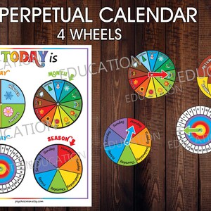 PERPETUAL CALENDAR With 4 Wheels: Today Is, Rainbow Preschool Activity ...