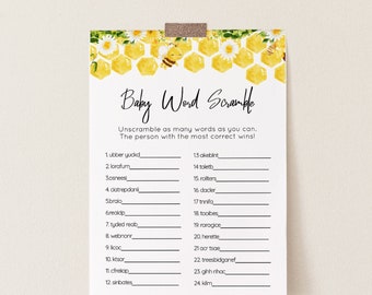 Bee Baby Shower Word Scramble, Honey Bee Word Scramble, Baby Shower ...