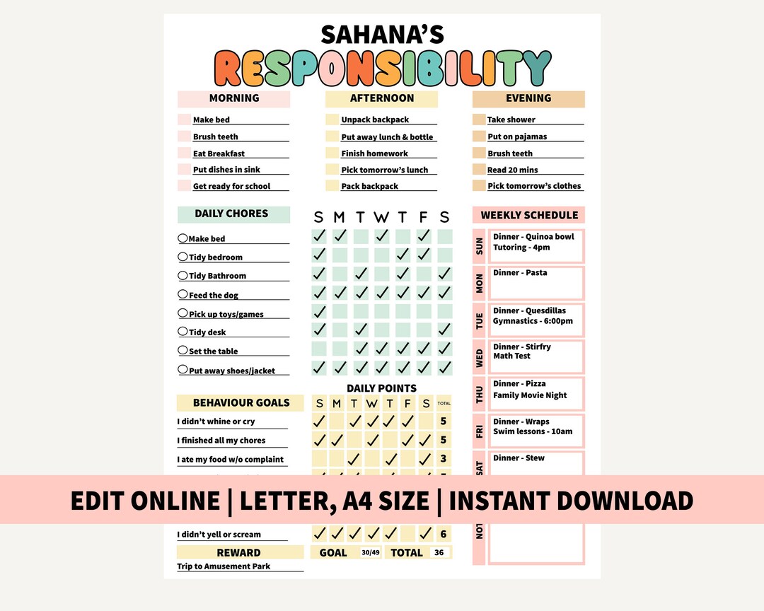Editable Daily Checklist for Kids, Kids Responsibility Chart, to Do ...