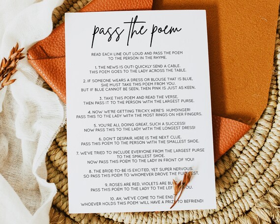 Pass the Poem Game, Fun Icebreaker Game, Minimalist Bridal Shower Game ...