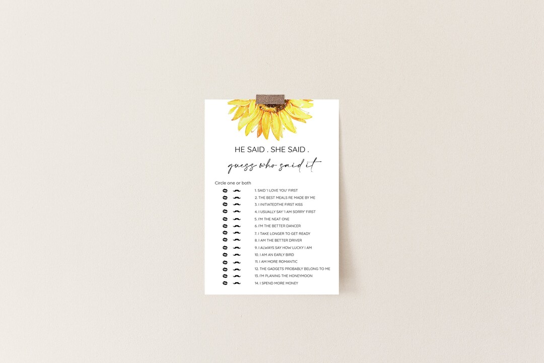 Sunflower He Said She Said Bridal Shower Game - 009 - Etsy