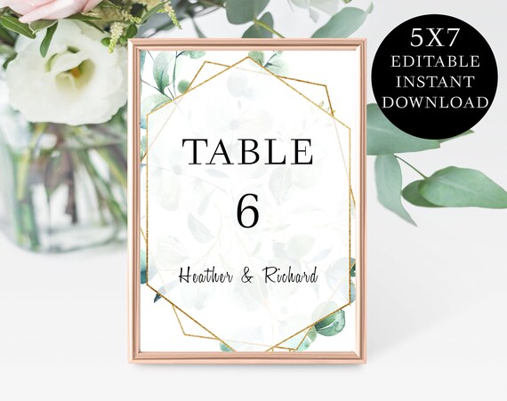 Eucalyptus Table Number Card, Wedding Table Number Card Template, Table ...