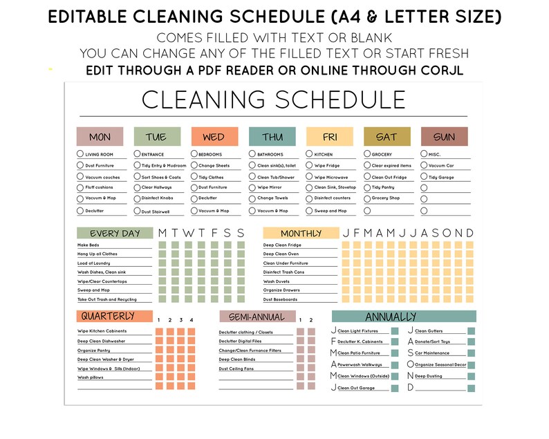 Editable Cleaning Schedule | Printable | Weekly, Monthly, Yearly ...