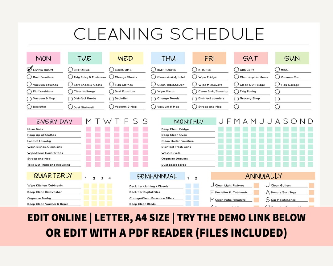 Editable Cleaning Schedule, Printable Cleaning Schedule, Home Cleaning ...