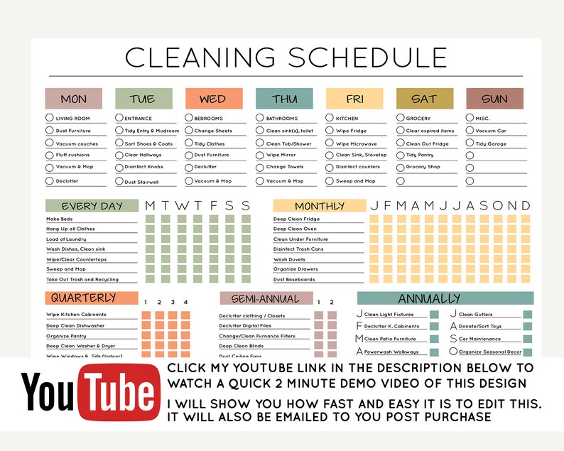 Editable Cleaning Schedule | Printable | Weekly, Monthly, Yearly ...