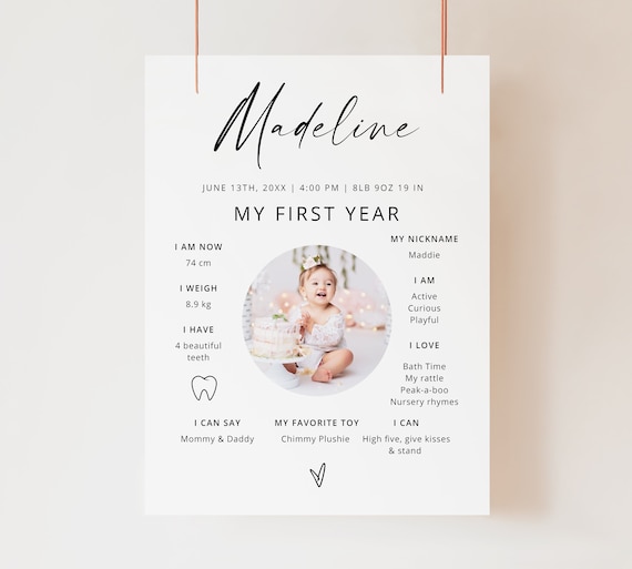 Photo First Birthday Milestone Board Template, Minimalist Miles tone ...