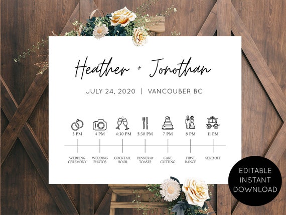 WEDDING TIMELINE SIGN - Wedding Timeline Sign Template - Wedding ...