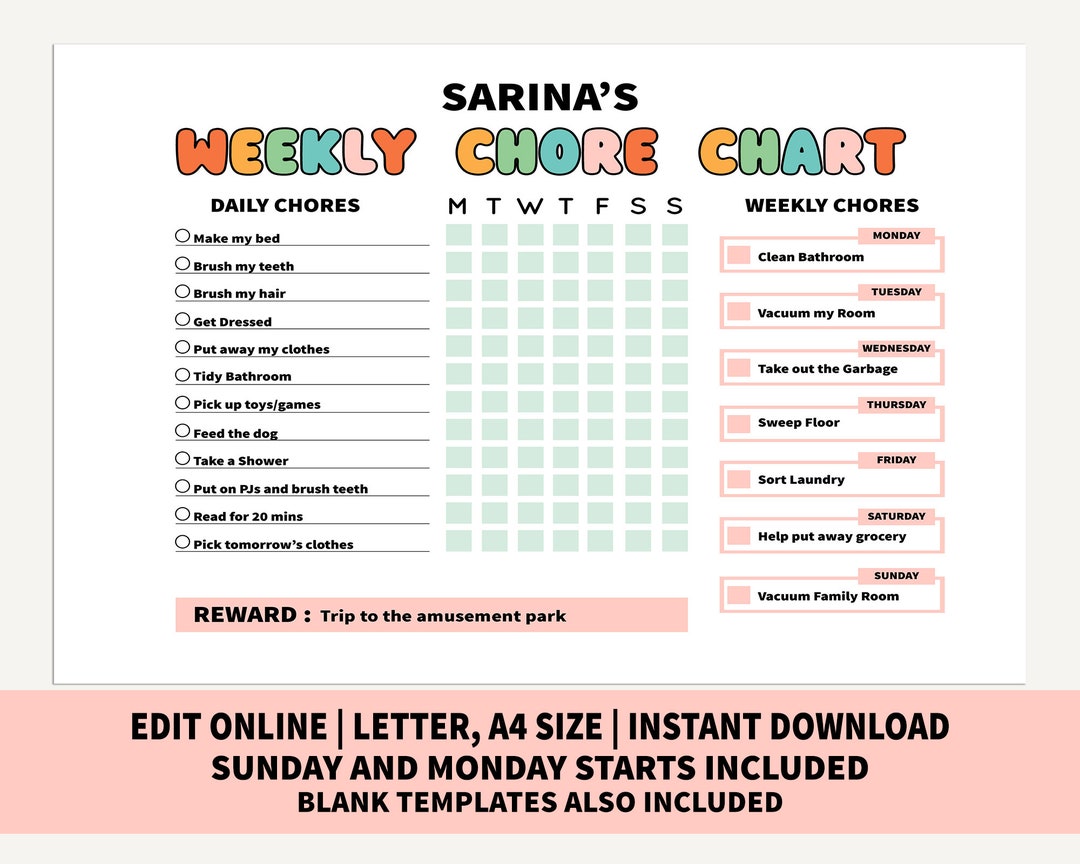 Printable Editable Daily and Weekly Kids Chore Responsibility Chart ...