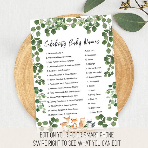 Editable Woodland Celebrity Baby Name Baby Shower Game - 5X7 JPG File ...