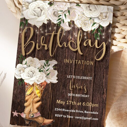 Country Birthday Purple Roses Cowgirl Boot Invitation - Etsy