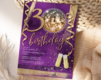 Mirror Ball: Birthday Invitation Plum. DIY Printable - Etsy