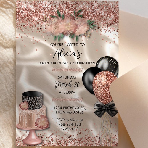 Rose Gold Birthday Balloons Invitation Printable Template Etsy