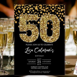 DIY 50th Birthday Confetti Invitation Printable Template, Black Gold ...