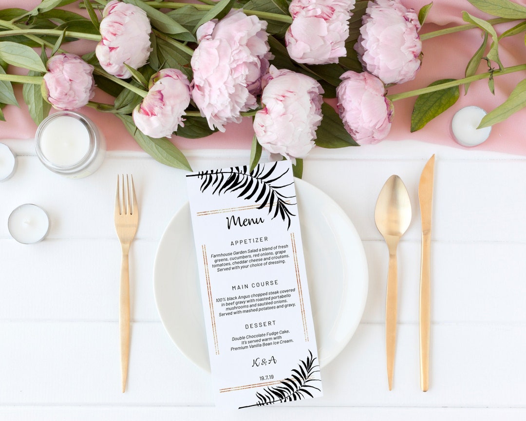 Black & Gold Leaves Menu, DIY Editable Menu, Menu Cards, Printable Menu ...