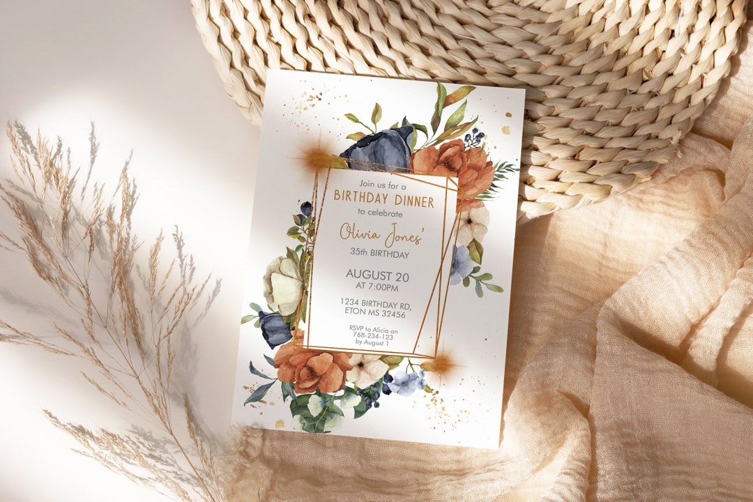 Fall Floral Birthday Invitation: Rust, Gold Foliage (editable Template ...