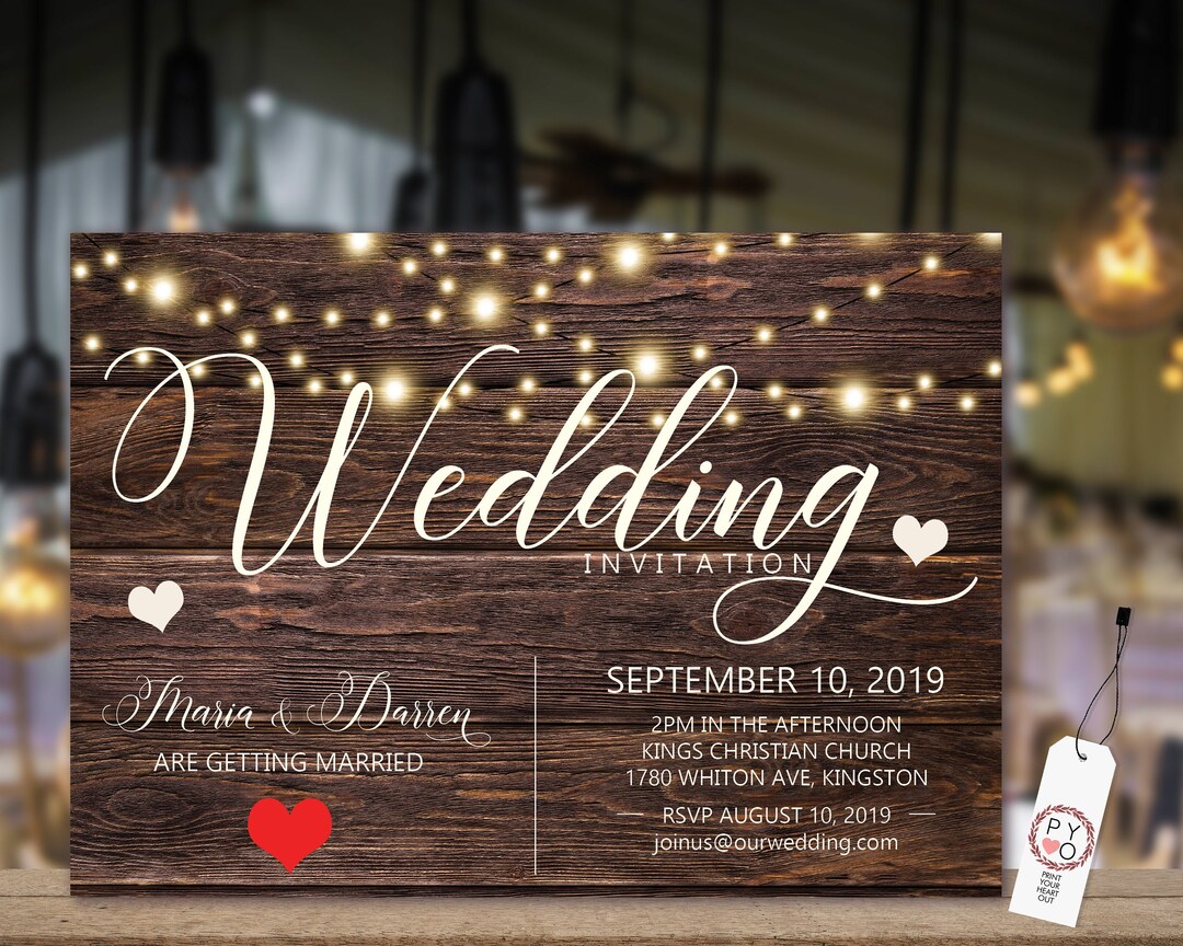 Rustic Wedding Invitation, Party Lights Invitation, Wood Fence ...