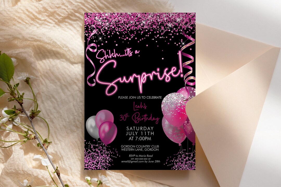 Neon Pink Surprise Birthday Invitation: Glitter Balloons (printable ...